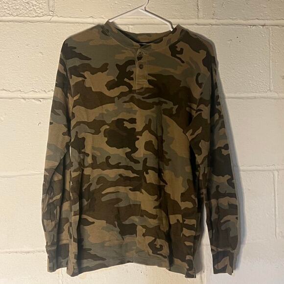 Basic Editions | Sweaters | Green Brown Camo Henley Thermal Long Sleeve ...